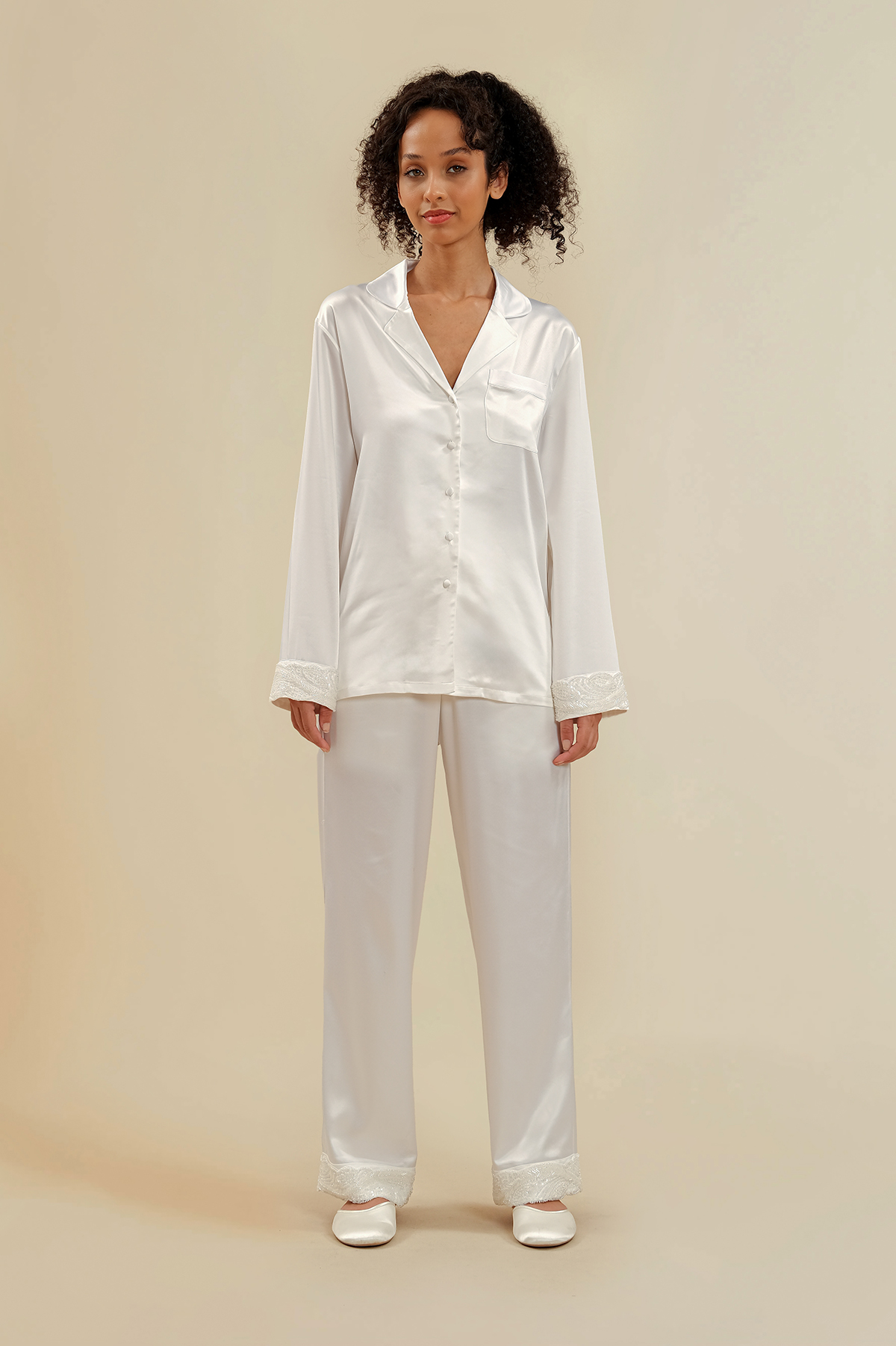 ESRA ECRU SATIN LONG PAJAMA SET | Sheima