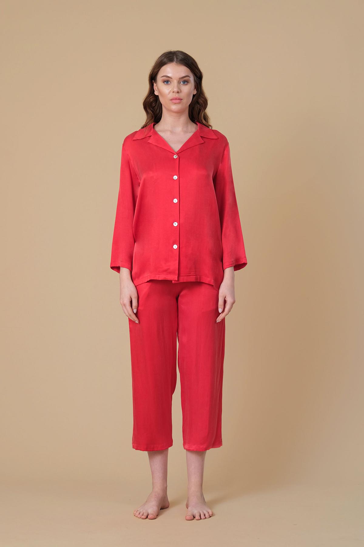 Humeyra Red Vegan Silk Long Pajama Set | Sheima
