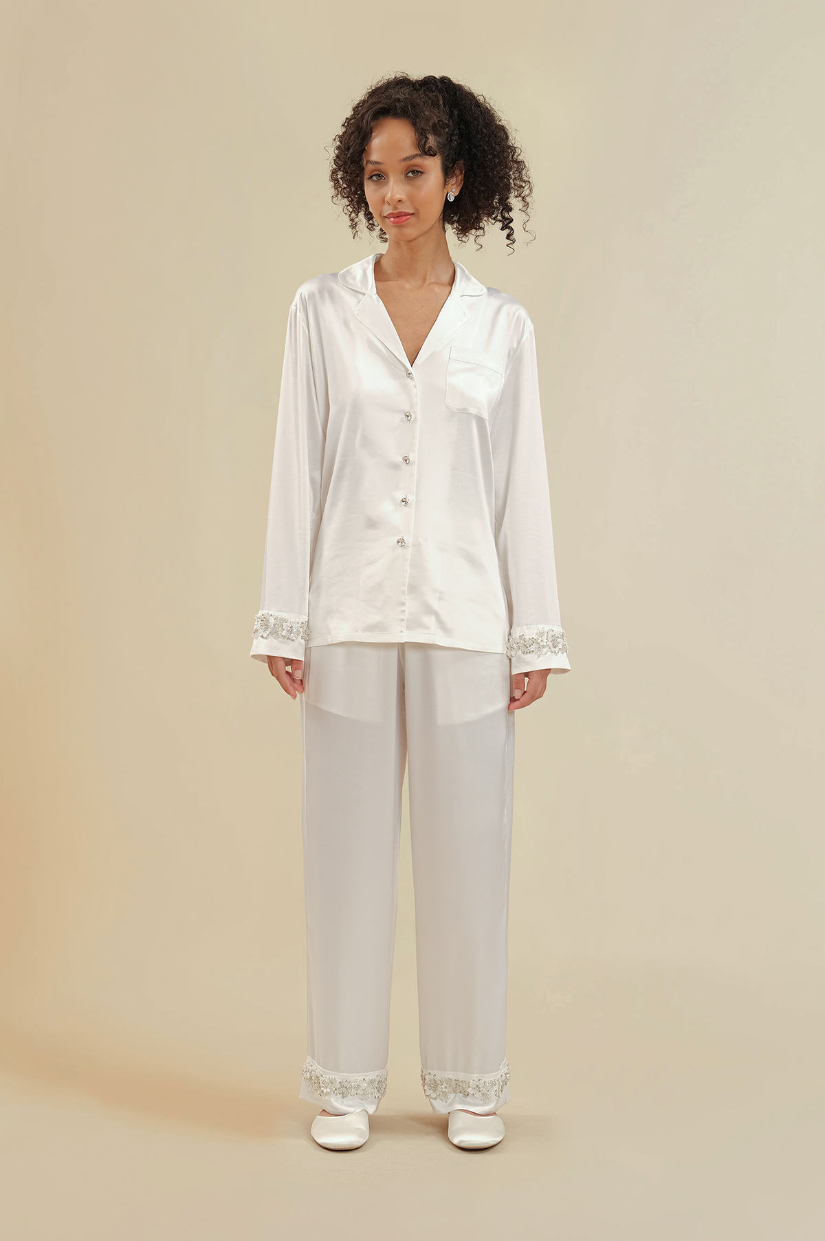 NISA ECRU SATIN LONG PAJAMA SET | Sheima